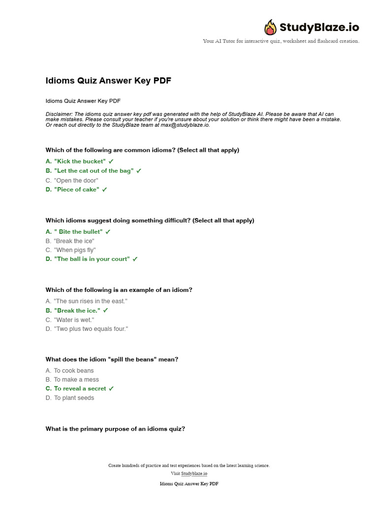 Idioms-Quiz-Answer-Key-PDF | PDF | Idiom | Learning