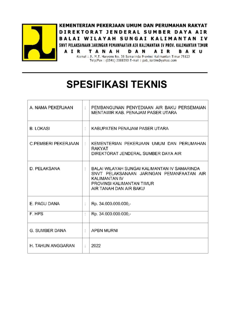 Spesifikasi Teknis Konstruksi Embung Persemaian | PDF