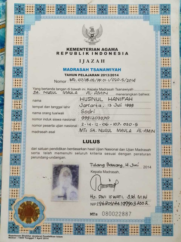 HUSNUL HANIFAH_IJAZAH MTs | PDF