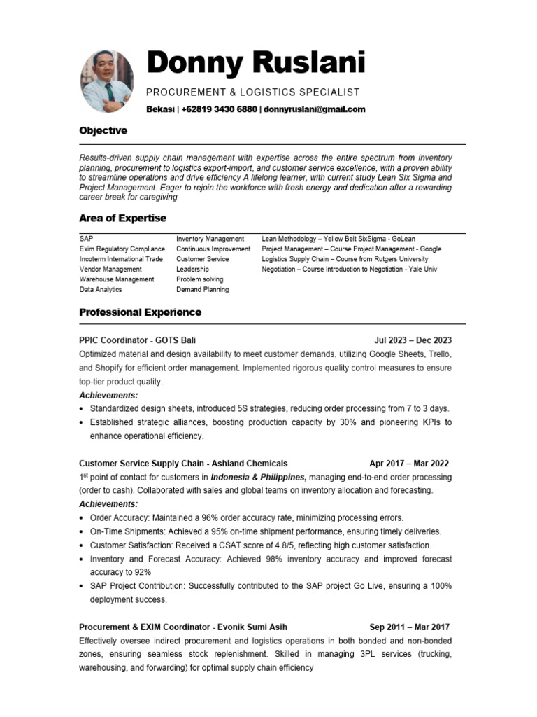 Ruslani Donny Repair Project Coordinator Resume (1) | PDF | Logistics | Six Sigma