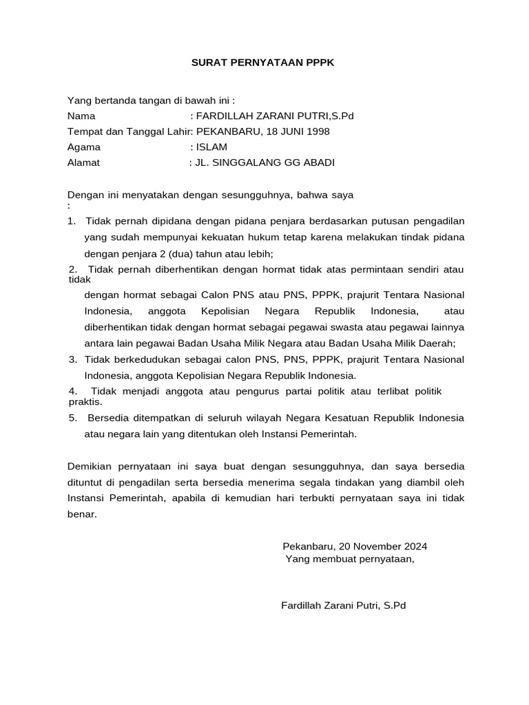Lamp 1 Surat Pernyataan 5 Poin PPPK | PDF