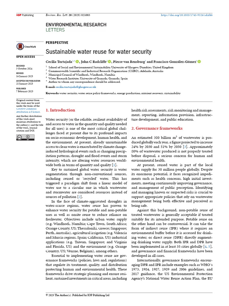 Sustainable Water Reuse For Water Security | PDF | Reclaimed Water | Water