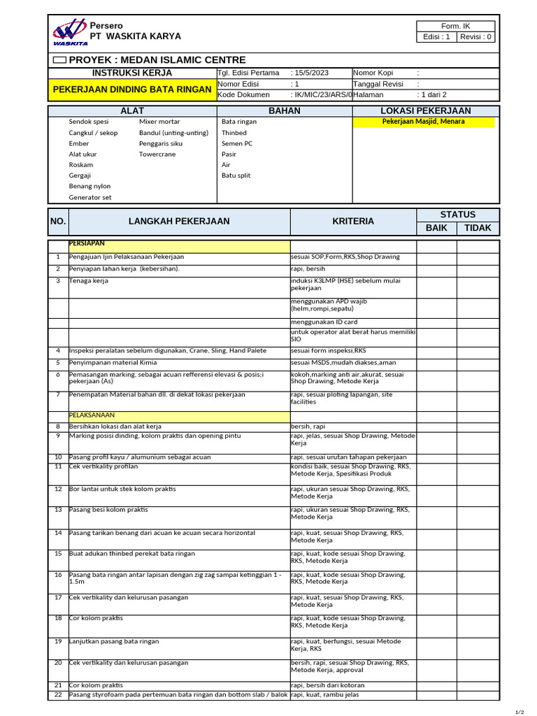 IK MIC 23 ARS 03 Pekerjaan Dinding Bata Ringan | PDF