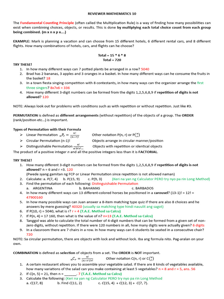 Reviewer Mathematics 10 | PDF | Permutation | Mathematical Objects