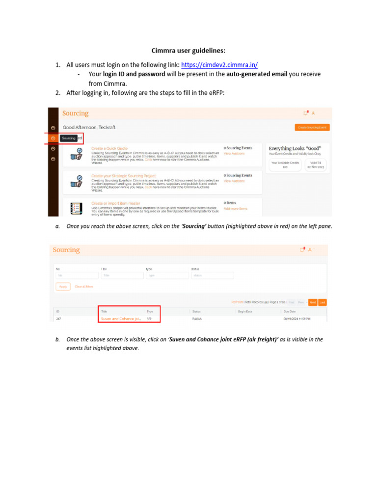 Cimmra User Login and eRFP Guide | PDF