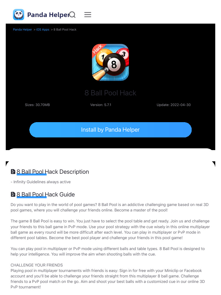 8 Ball Pool Hack IOS Download No Jailbreak - Panda Helper | PDF | Pool (Cue Sports) | Ios