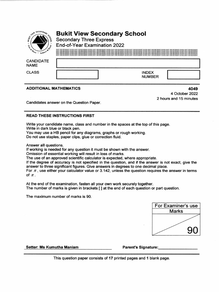 A-Math - Sec 3 - SA 2 - 2022 - Bukit View Se | PDF | Elementary ...