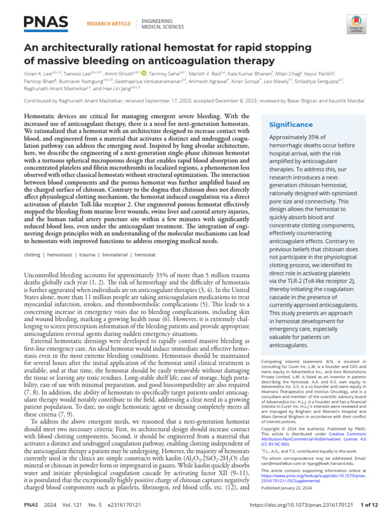 An architecturally rational hemostat for rapid stopping of massive ...