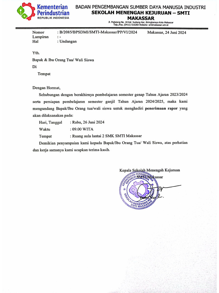 2085 Undangan Penerimaan Rapor Genap TA 20232024 | PDF