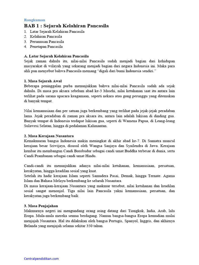 Rangkuman PPKN Kelas 7 Bab 1 Sejarah Kelahiran Pancasila | PDF
