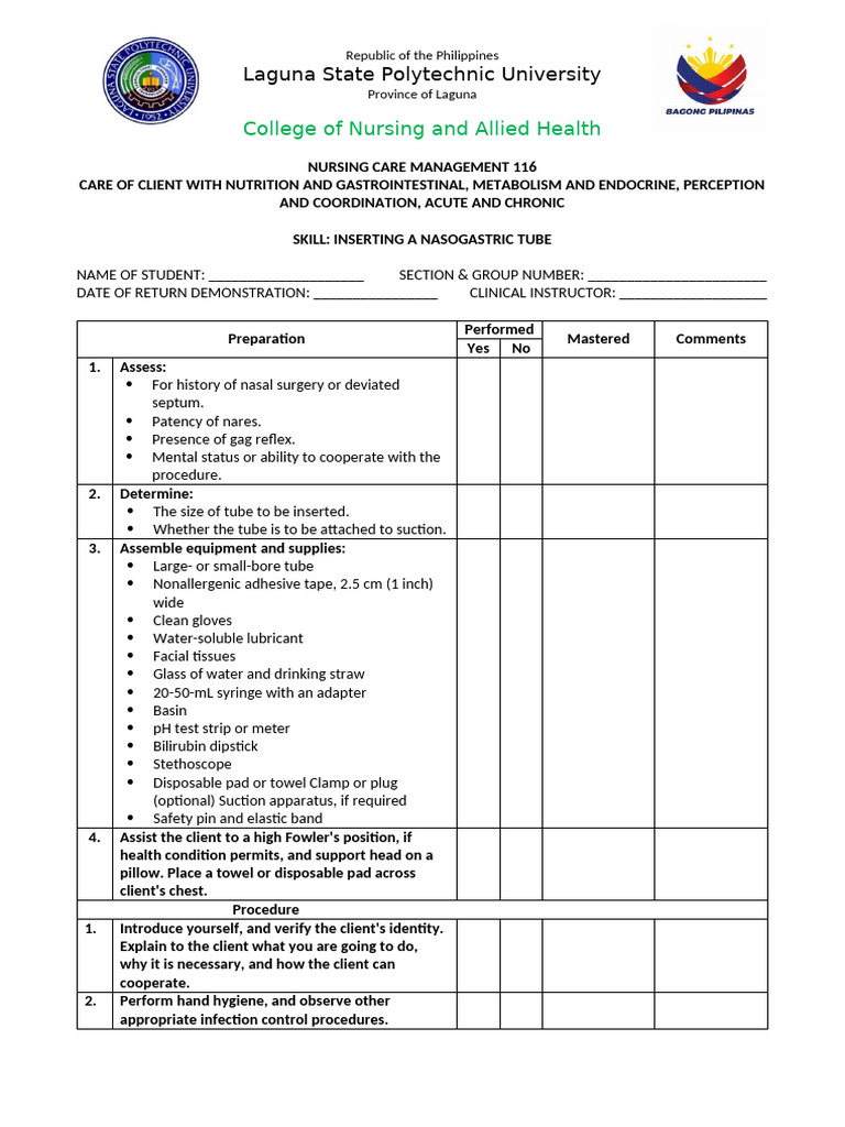NGT Checklist | PDF | Clinical Medicine
