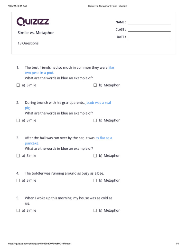 Simile vs. Metaphor - Print - Quizizz | PDF