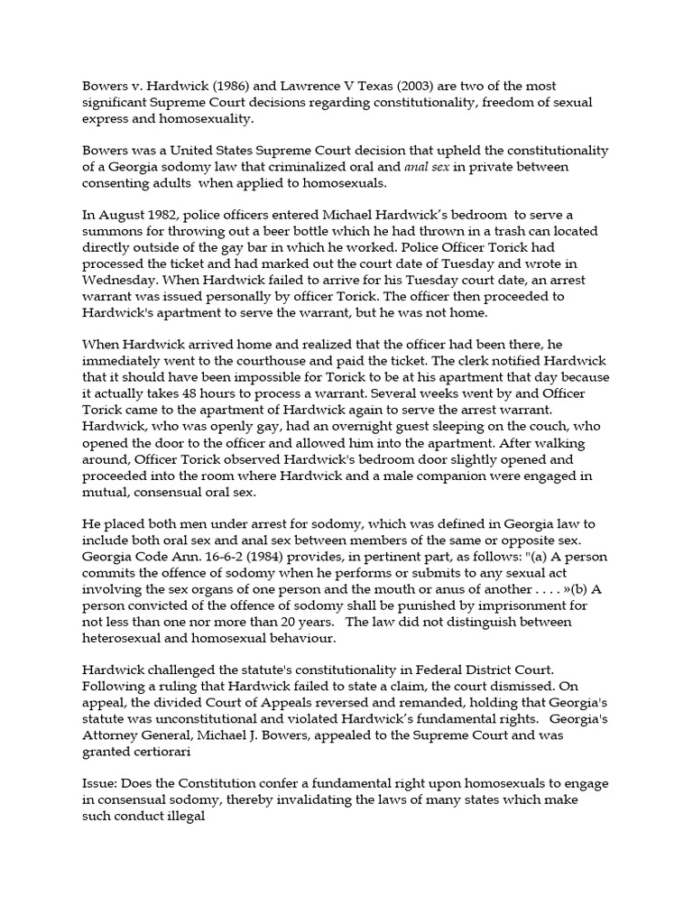 Bowers and Lawrence | PDF | Bowers V. Hardwick | Lawrence V. Texas