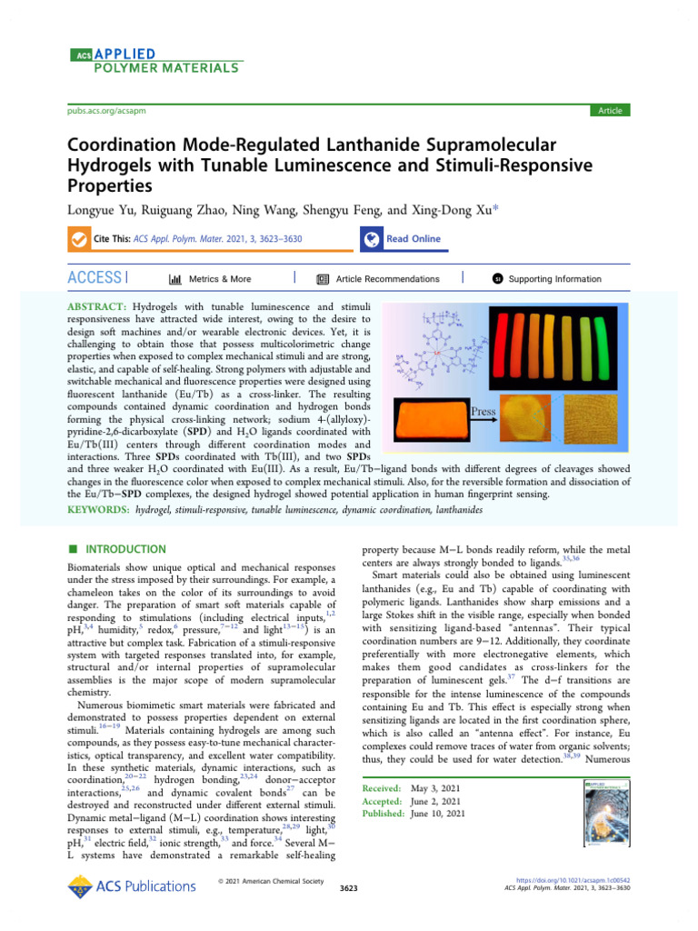 Coordination Mode-Regulated Lanthanide Supramolecular Hydrogels With Tunable Luminescence and ...