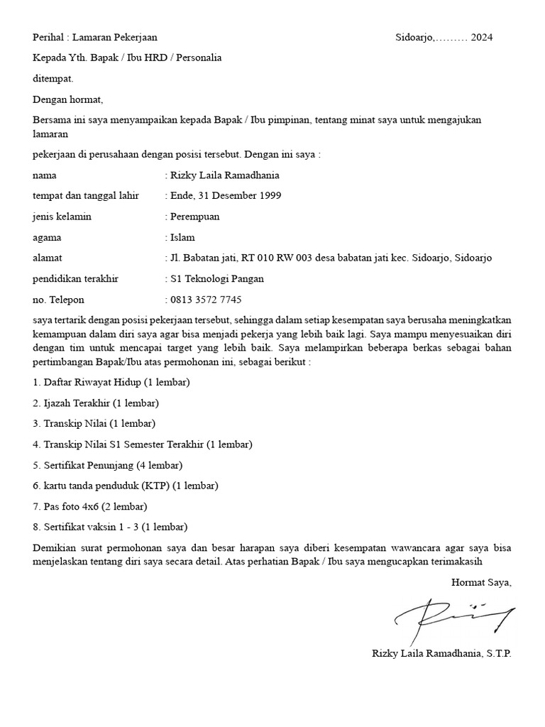 Lamaran Pekerjaan Rizky Laila Ramadhania | PDF