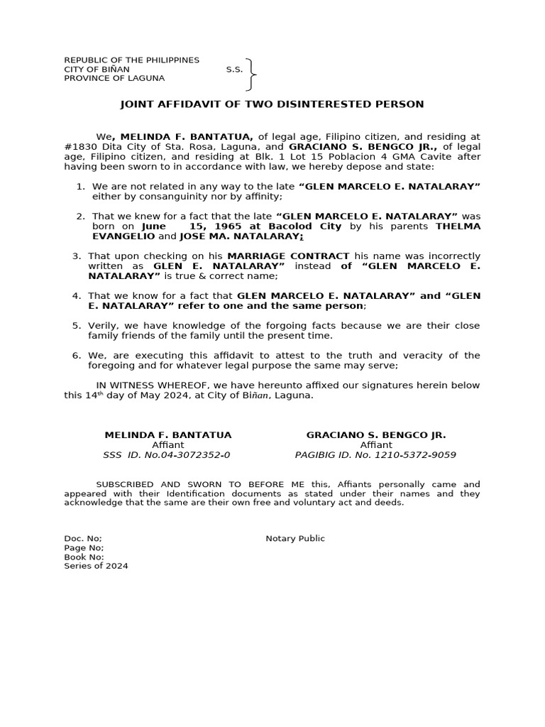 Joint Affidavit of Two Disemnterested Person Pag Ibig NATALARAY | PDF