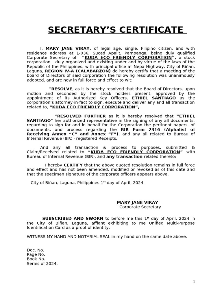 Corporate Secretary Certificate 2024 | PDF