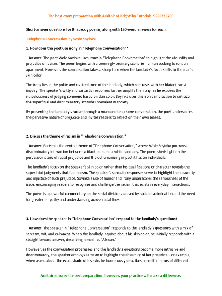 Exam Prep: Themes in Telephone Conversation | PDF | Immortality | Racism