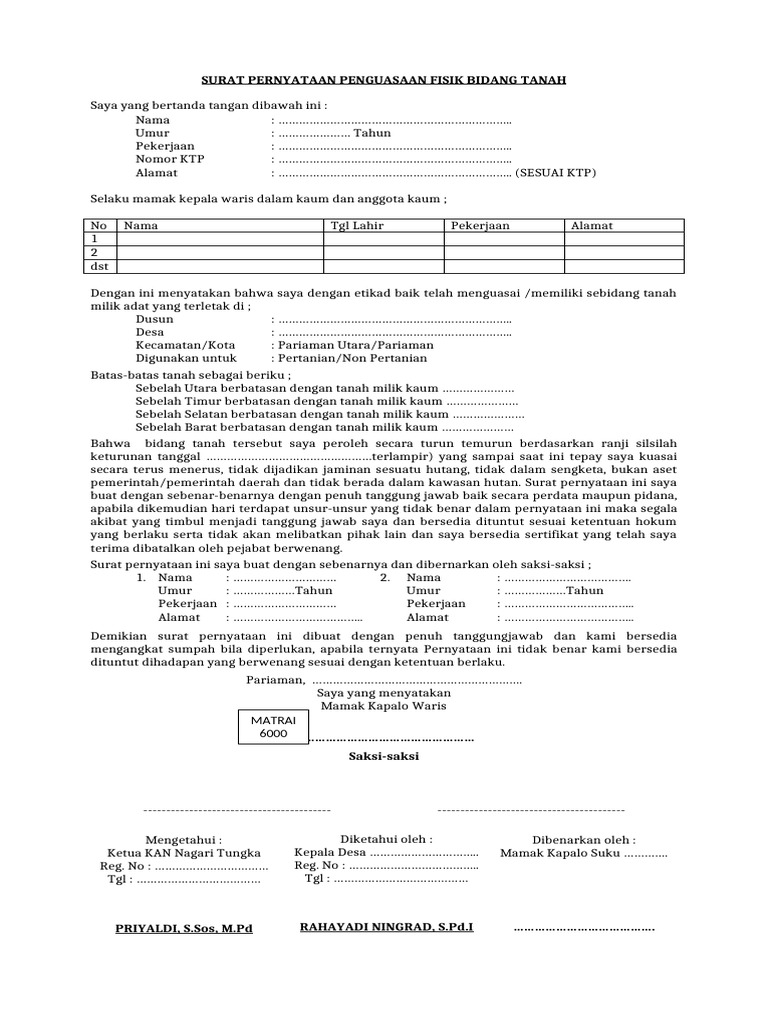 Contoh Surat Pernyataan Penguasaan Fisik Bidang Tanah Asli Bpn (2) | PDF