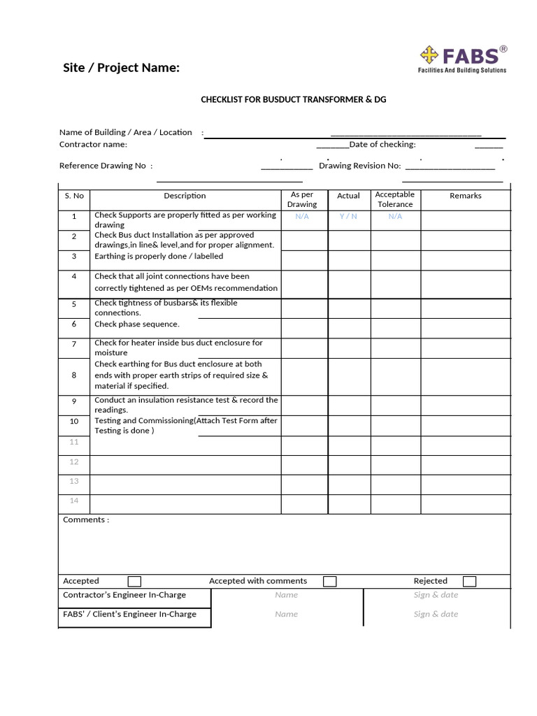10.00 - Checklist - Bus Duct Transformer & DG | PDF