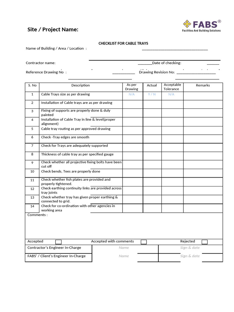 Cable Tray Installation Checklist | PDF