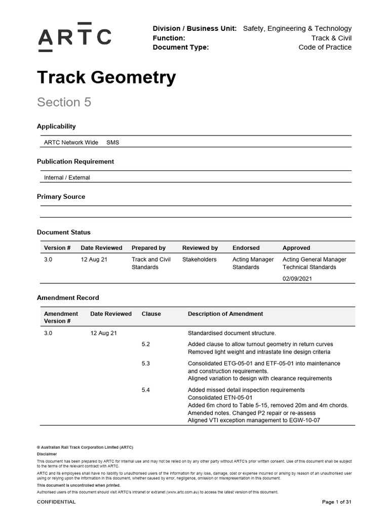ARTC Track Geometry Code of Practice | PDF | Rail Infrastructure
