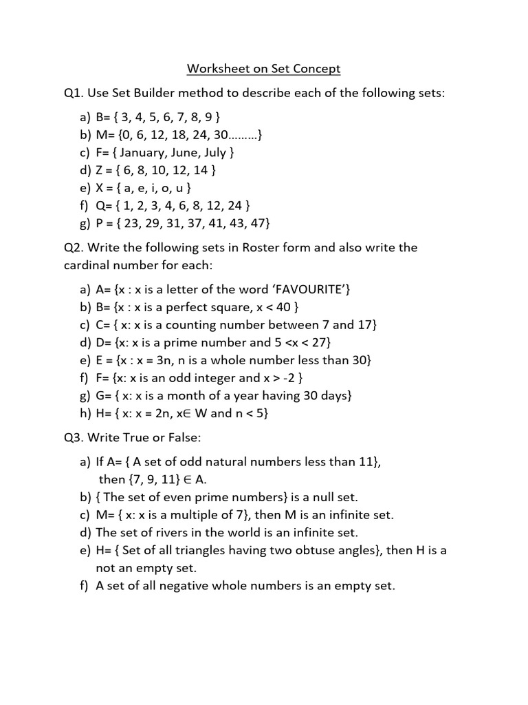 Worksheet On Set Concept | PDF