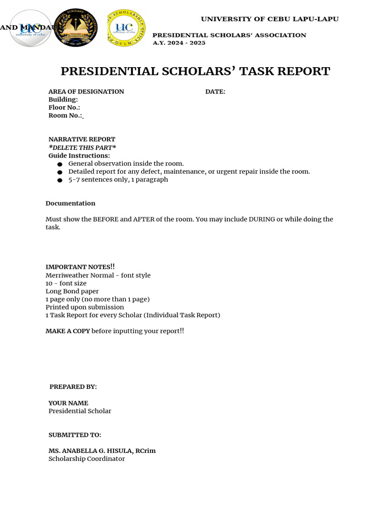 Presidential Scholars' Task Report Template | PDF