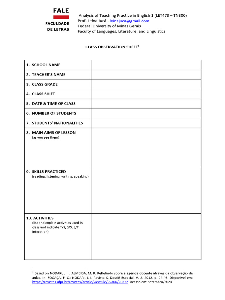 Class Observation Sheet (1) | PDF | Teachers | Cognition