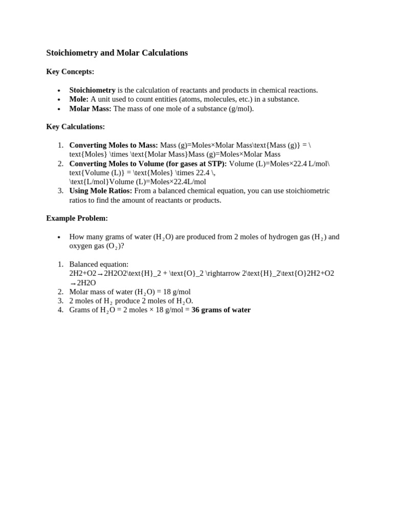 Stoichiometry and Molar Calculations | PDF