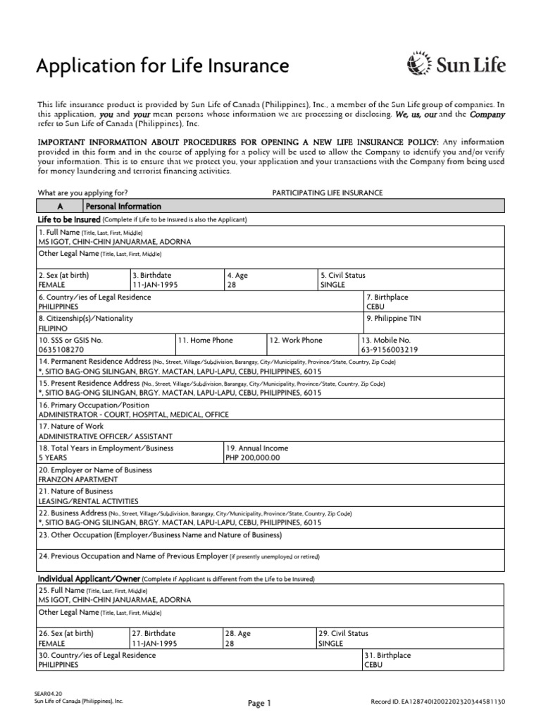 128740I130220231442126238426_EAPP | PDF | Life Insurance | Insurance