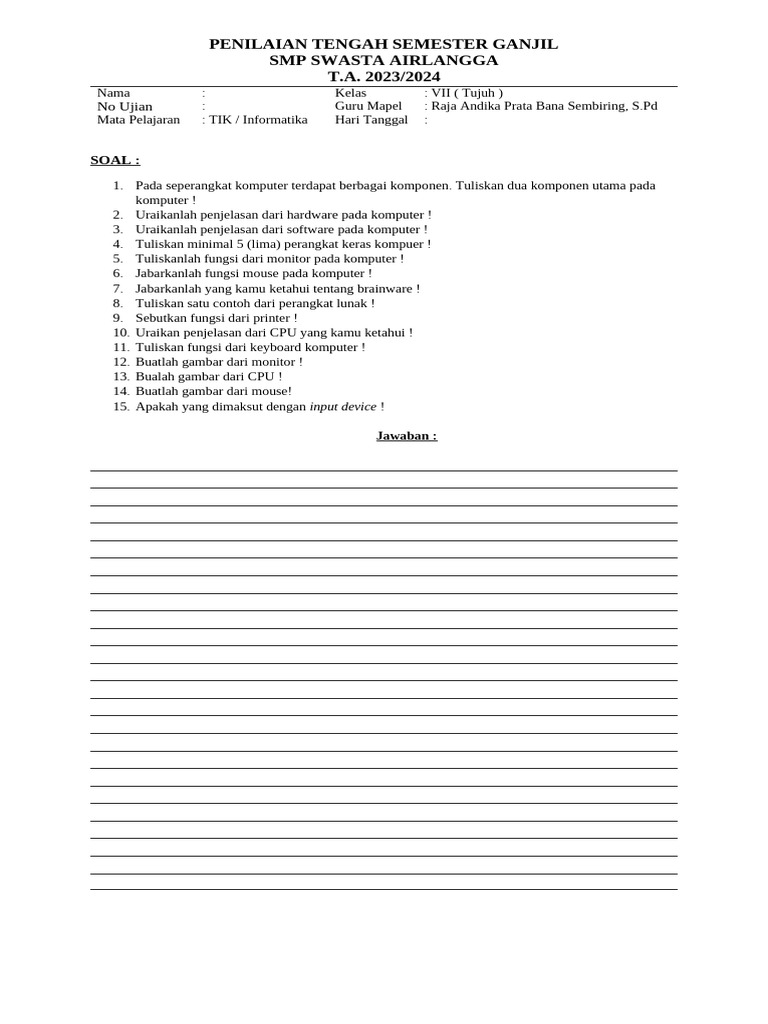 Soal Penilaian TIK Kelas VII SMP 2023 | PDF