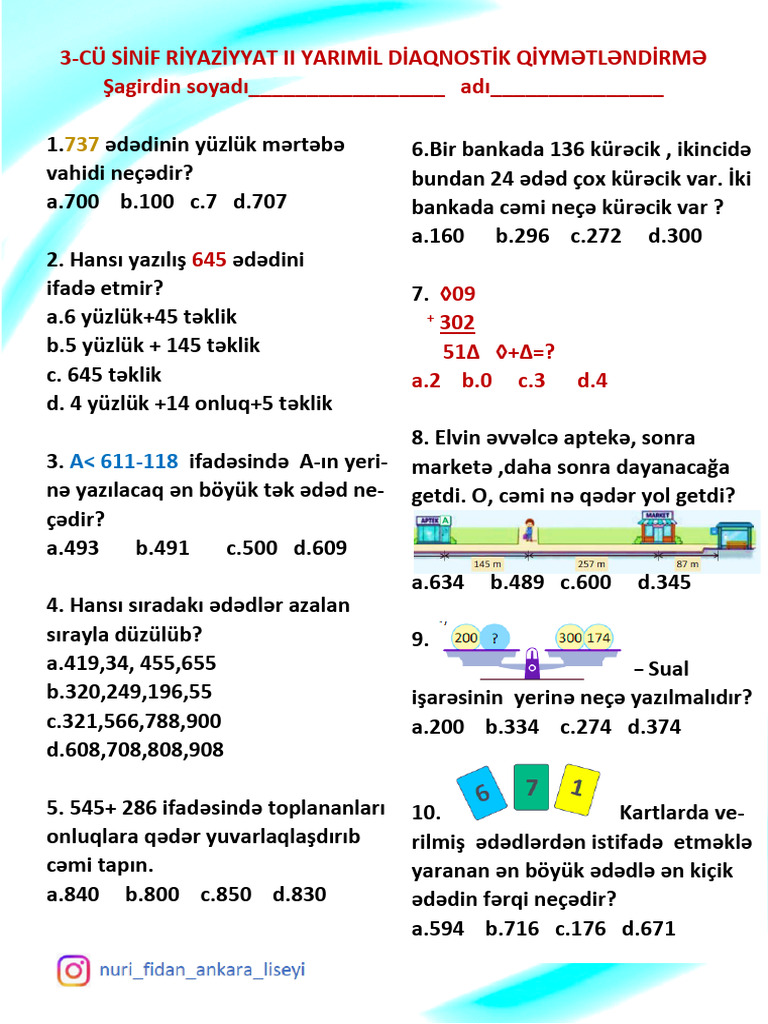 Riyaziyyat Diaqnostik 2-Ci Yarımil 3-Cü Sinif-1 | PDF