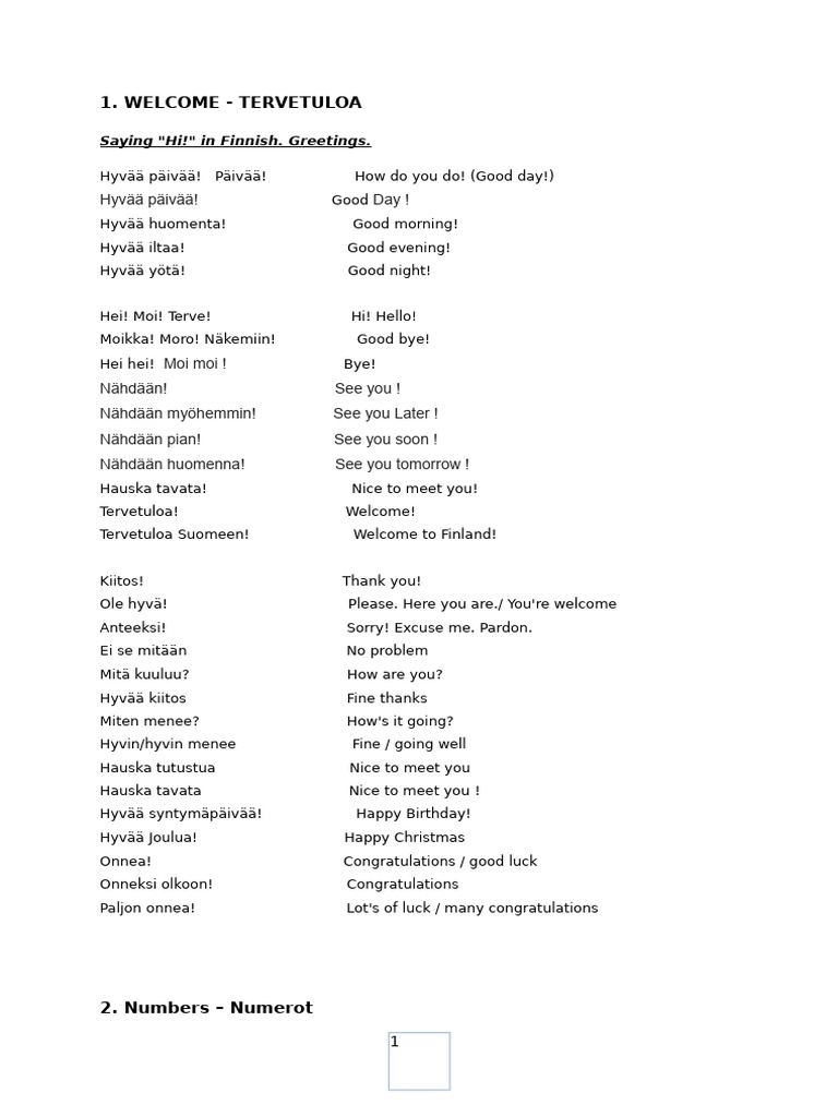Welcome - Tervetuloa: Saying "Hi!" in Finnish. Greetings | PDF