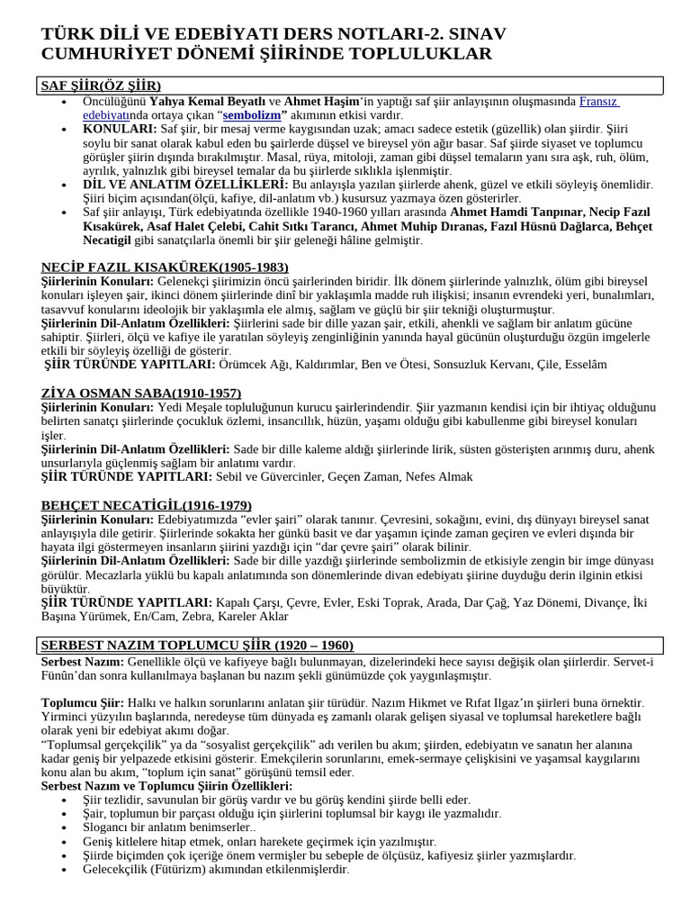 EDEBİYAT NOTLARI -1. DÖNEM 2. SINAV | PDF