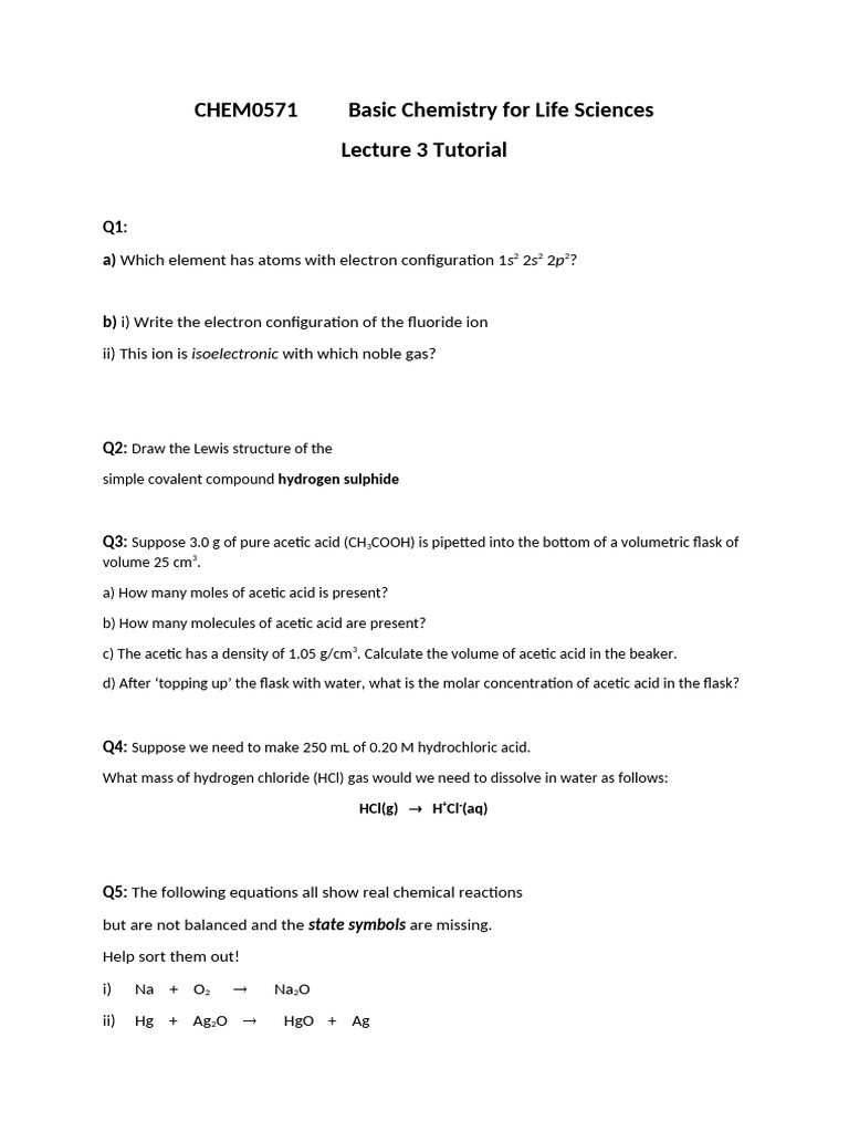Lec 3 Tutorial Qs CHEM0571 | PDF | Acid | Hydrochloric Acid