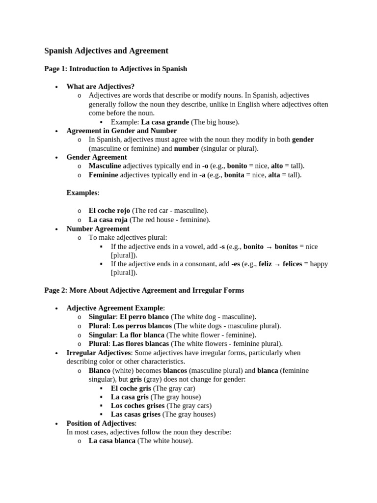 Spanish Adjectives: Gender & Number Agreement | PDF | Grammatical ...