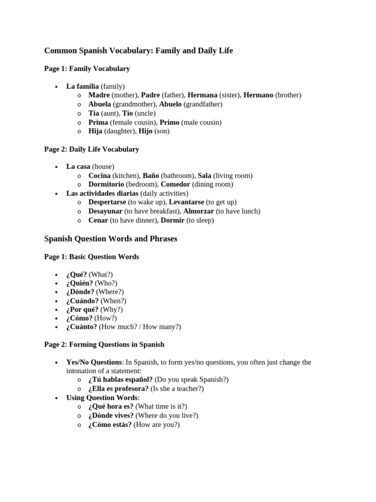 Common Spanish Vocabulary | PDF