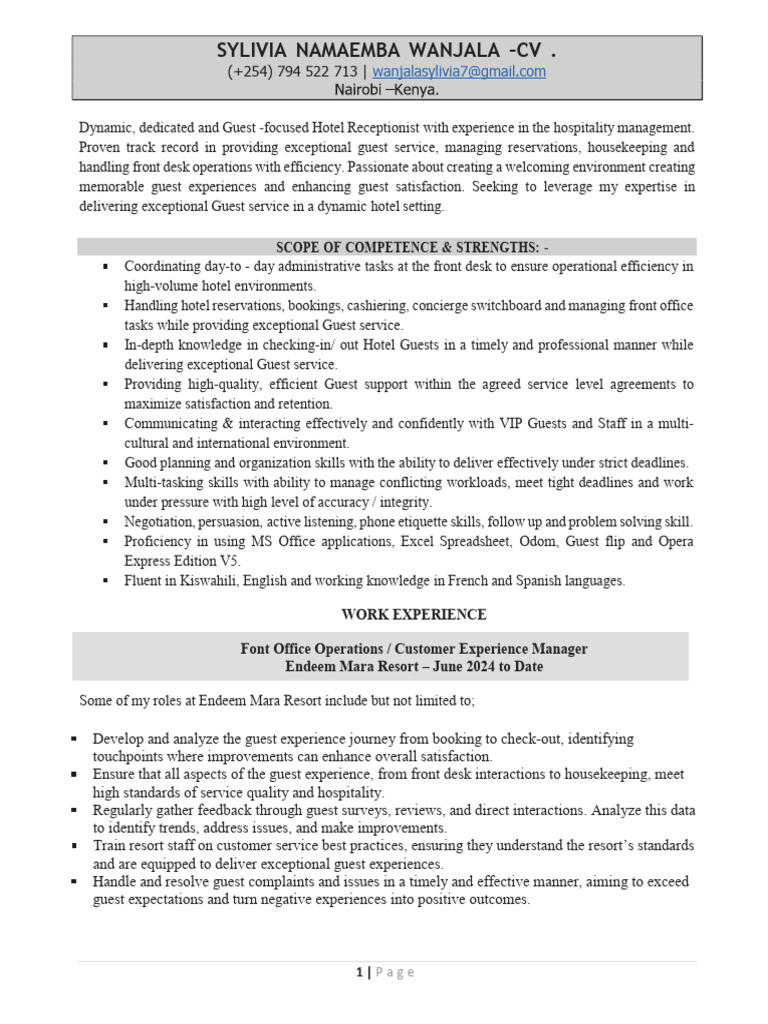 Hotel Receptionist CV: Guest Service Expert | PDF | Business