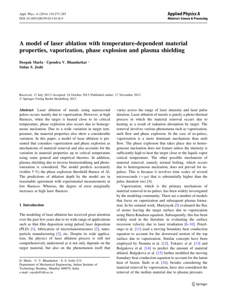 A Model of Laser Ablation With Temperature-Dependent Material Properties, Vaporization, Phase ...