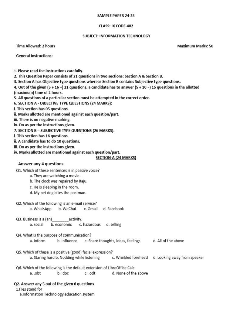 Class 9 IT Sample Paper 2024-25 | PDF | Spreadsheet | Microsoft Excel