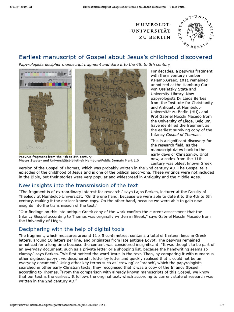 Earliest Infancy Gospel Manuscript Found | PDF | Gospels | Gospel Of Thomas