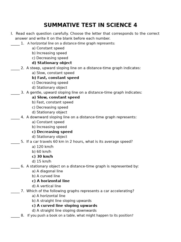 Science 4 Summative Test: Graphs & Forces | PDF | Speed
