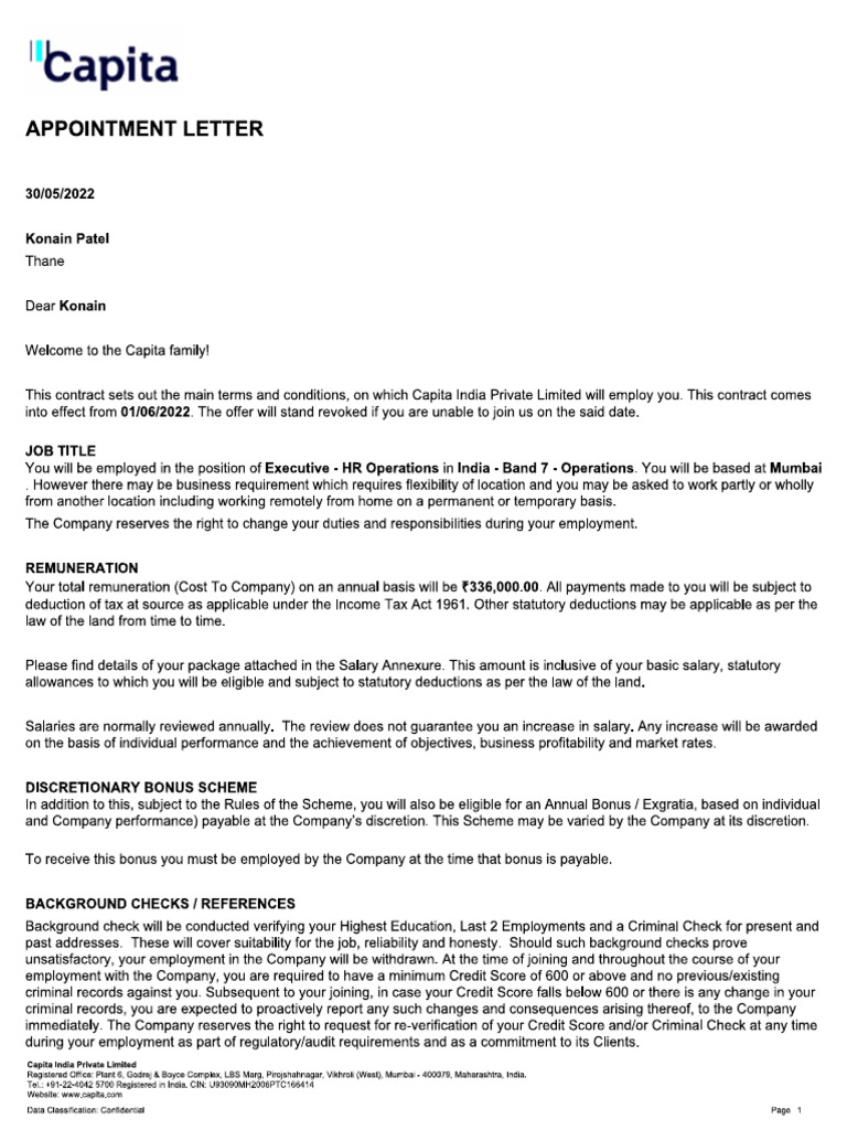 Capita Appointment Letter | PDF