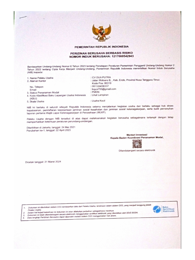 NIB CV. Dua Putra. | PDF