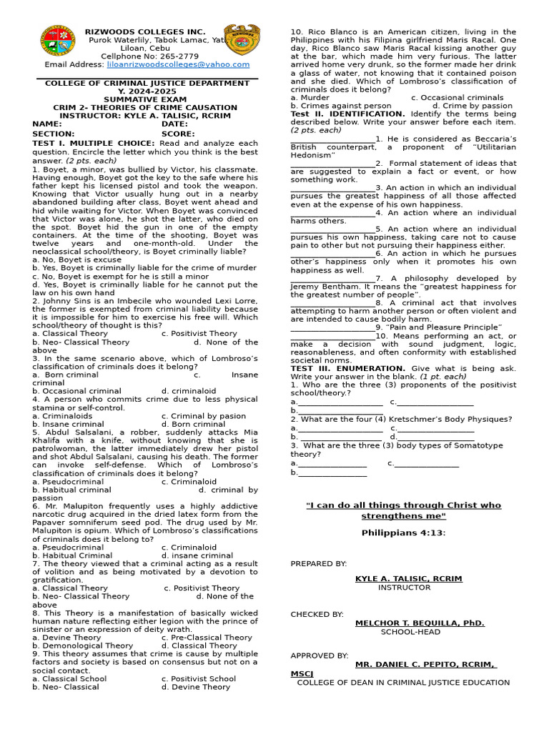 Crim 2 - Theories (Summative Exam) | PDF | Crimes | Crime & Violence