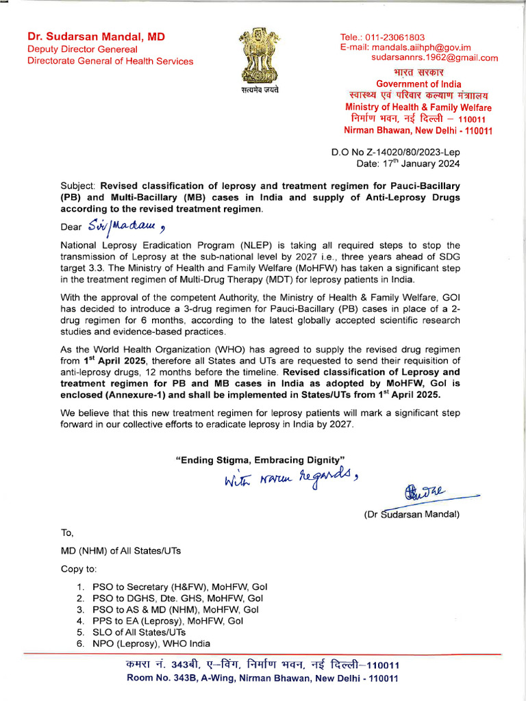 DO Letter From DDG (Leporsy) For Revised Classification & Treatment of ...