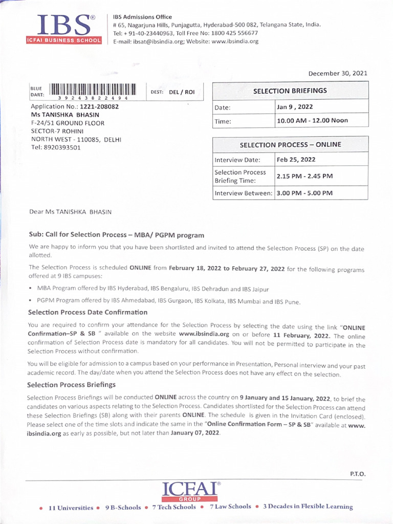 Student Selection Letter | PDF