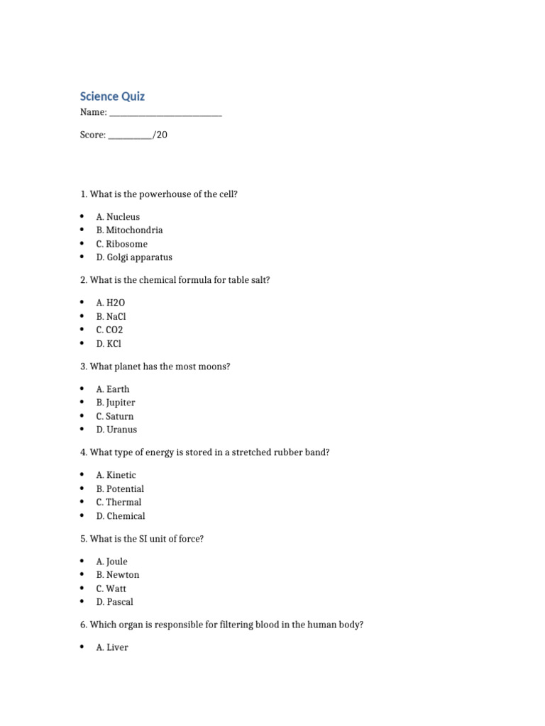 Science Quiz with Answer Key | PDF