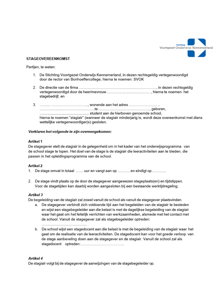 Stageovereenkomst SVOK | PDF